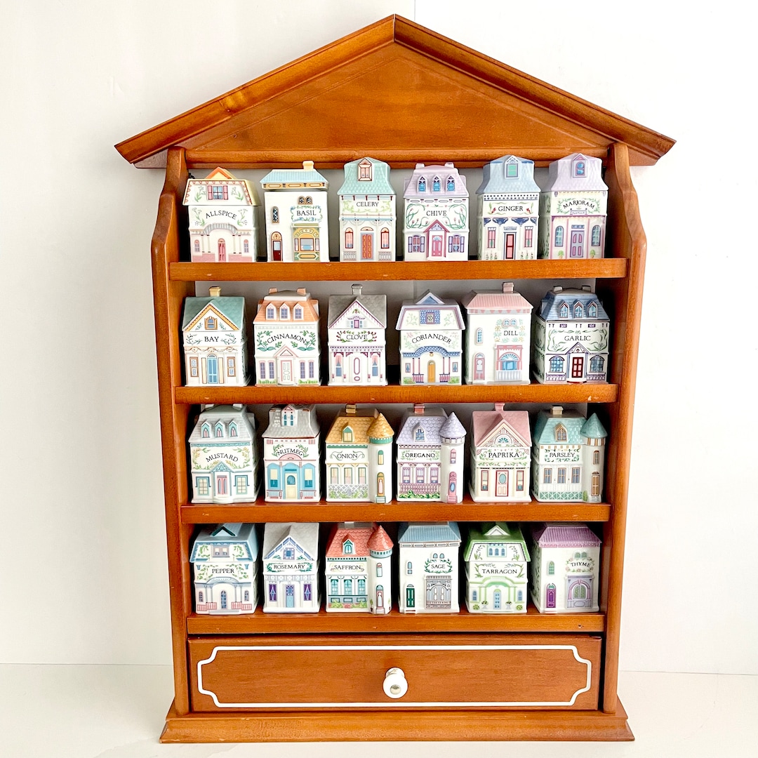 Lenox Spice Village Jars and Wooden Display Rack, 1980s Fine Porcelain Spice Jars, Vintage ...