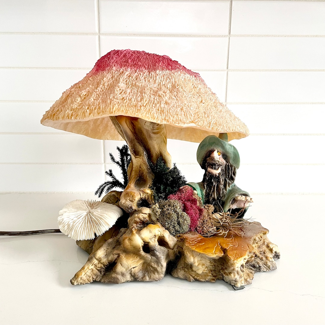 Rare MCM Magic Mushroom Lamp With Wizard, Cypress Burl Wood | Coral ...