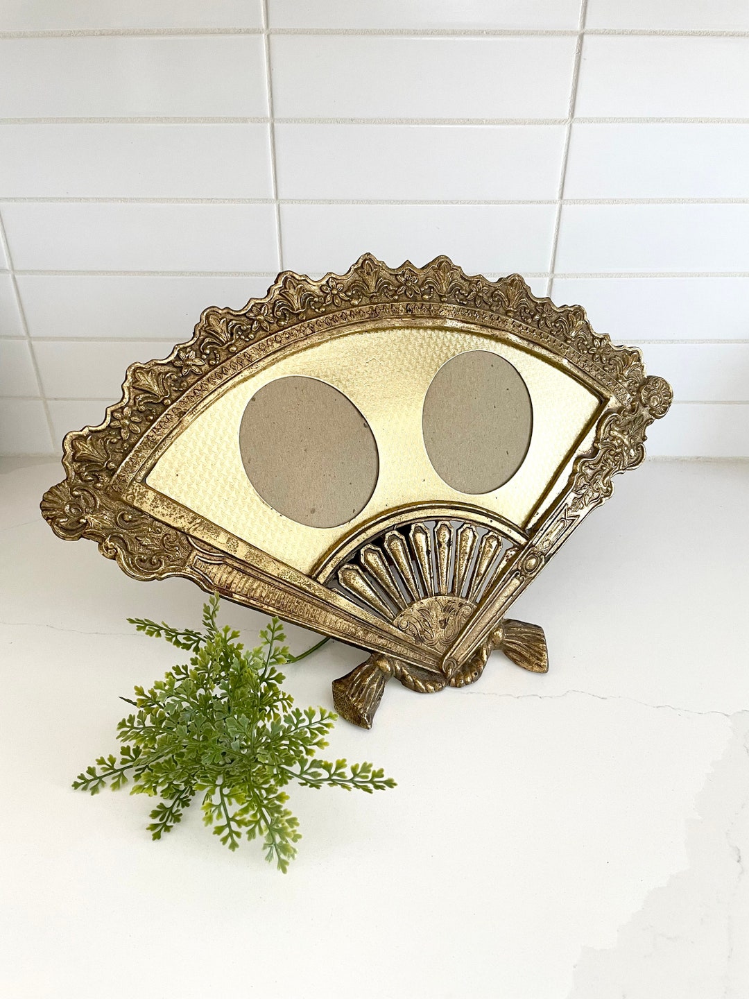 Antique Brass Fan Picture Frame With Felt-lined Stand, Art Nouveau ...
