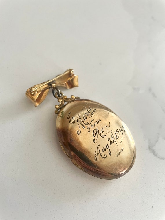 1940s WWII Gold Filled Locket with Bow Pin, Chased Fl… - Gem