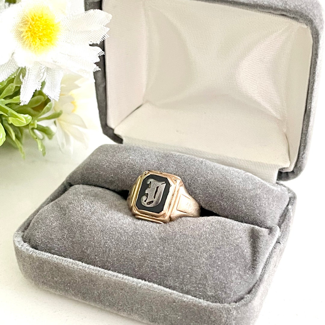 10K Gold & Black Onyx Signet Ring, Letter "j" Initial, Bold Vintage ...
