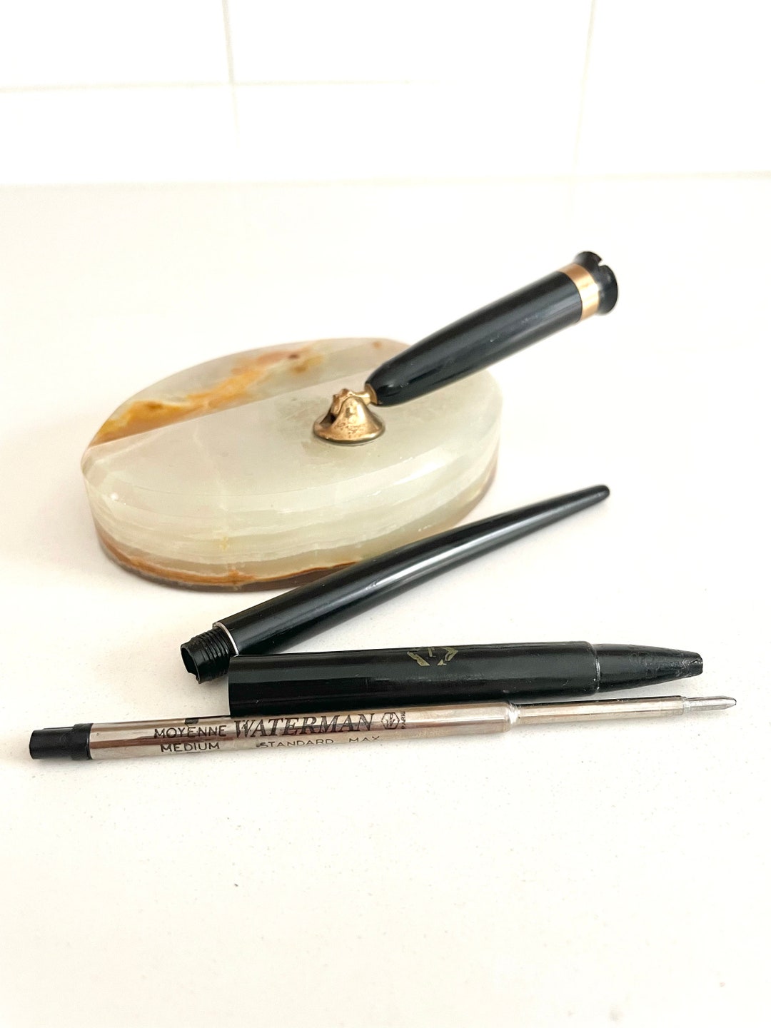 Regal Onyx Stone Pen Holder, Brass Socket, Vintage Office Gifts ...