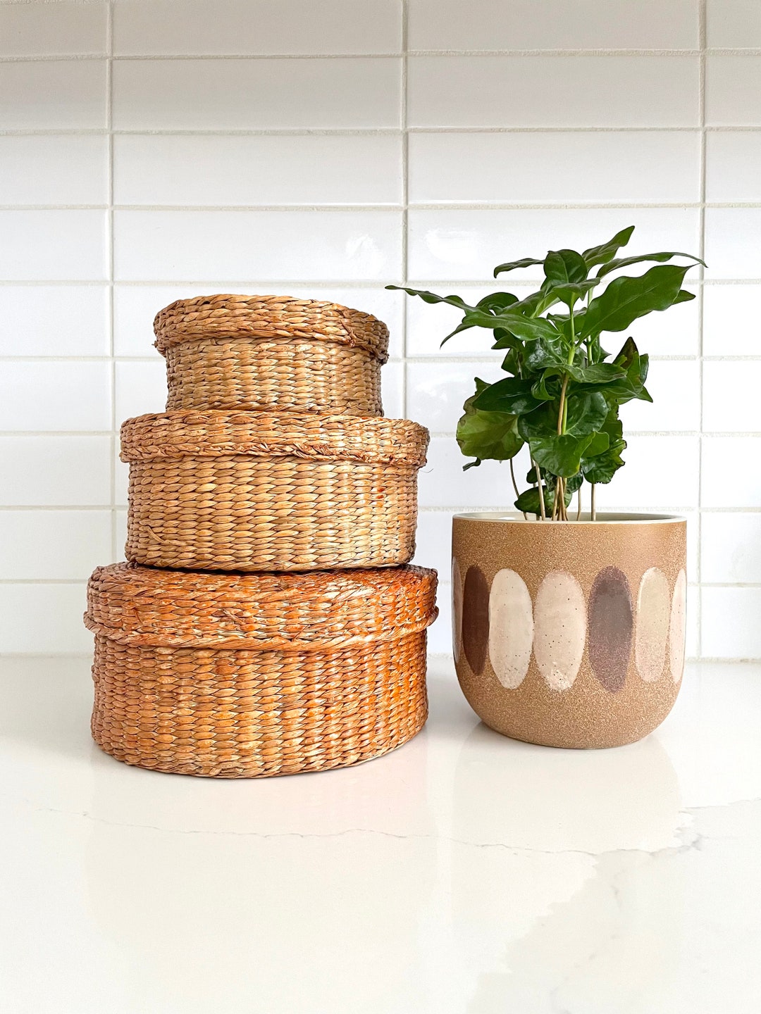 Vintage Chinese Sweetgrass Baskets With Lids, Set of 3 Nesting Boxes ...
