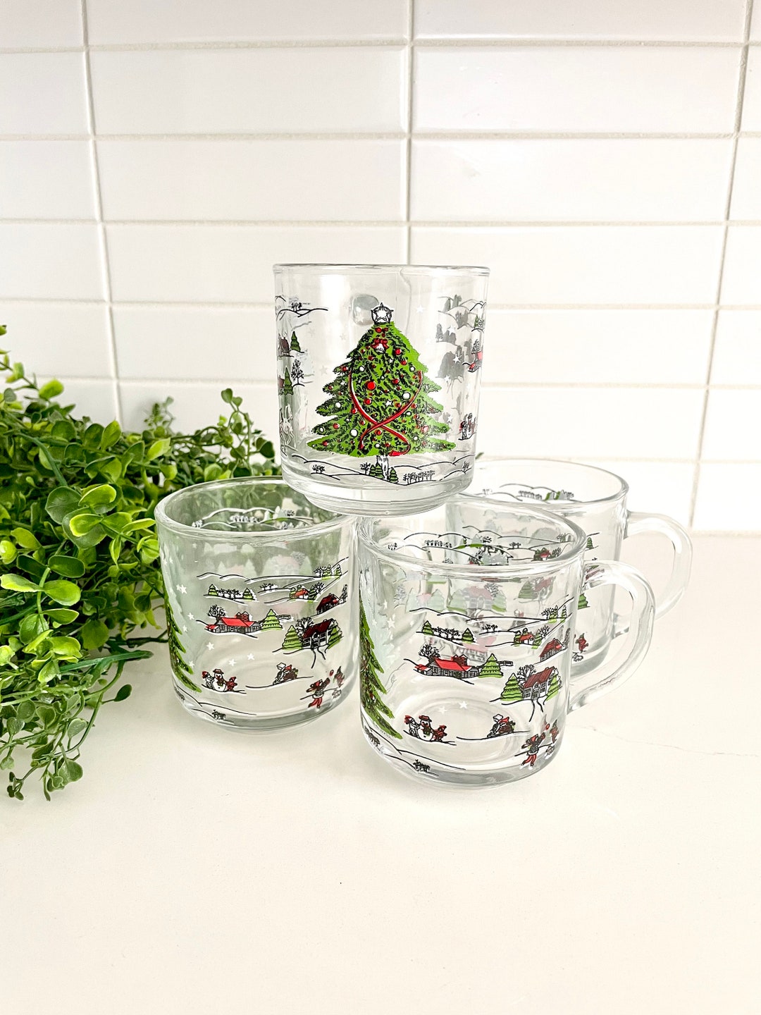 Vintage Christmas Mugs, Holiday Glassware, Festive Clear Glass Mugs ...