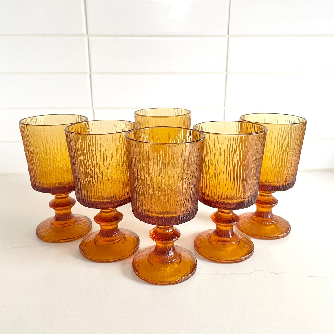 1970s Amber Ravenhead Siesta Glassware, Vintage Set of 6 Small Wine ...