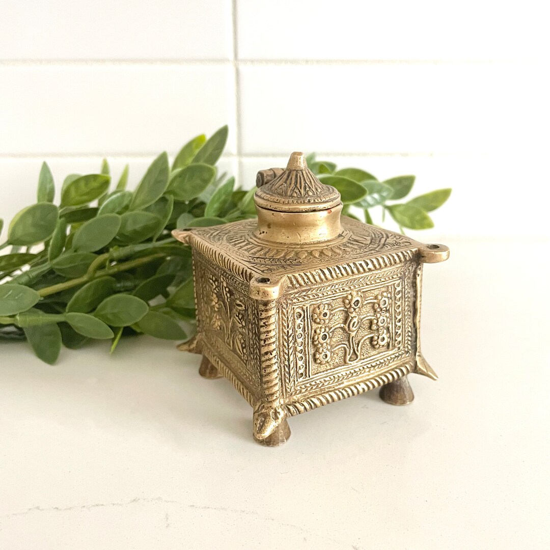 Antique Footed Brass Ink Well With Stunning Carvings, Made in India ...