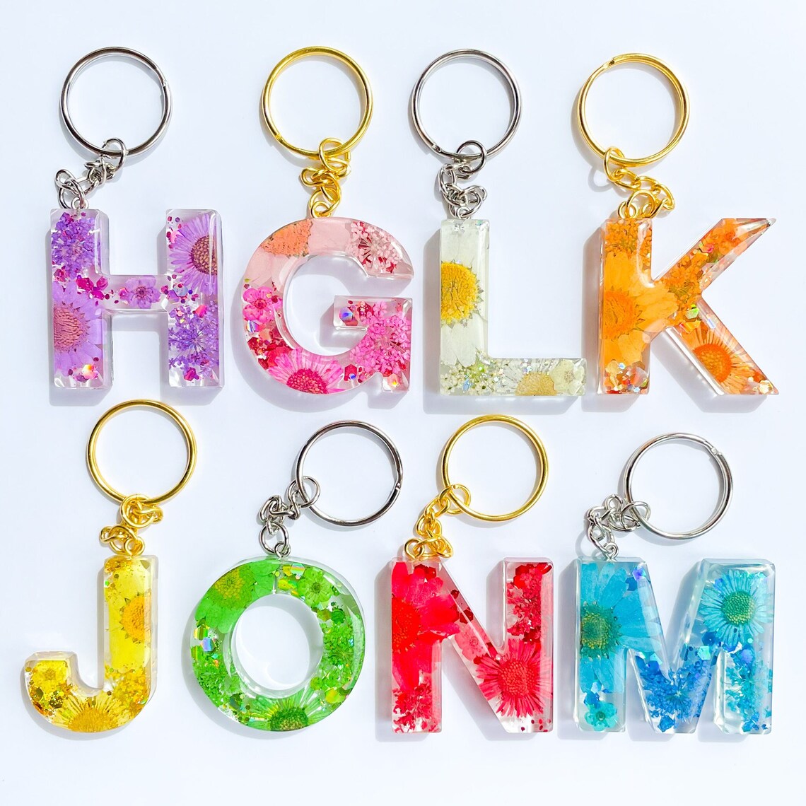 Personalised Flower Glitter Initial Keychain Resin Keyring | Etsy
