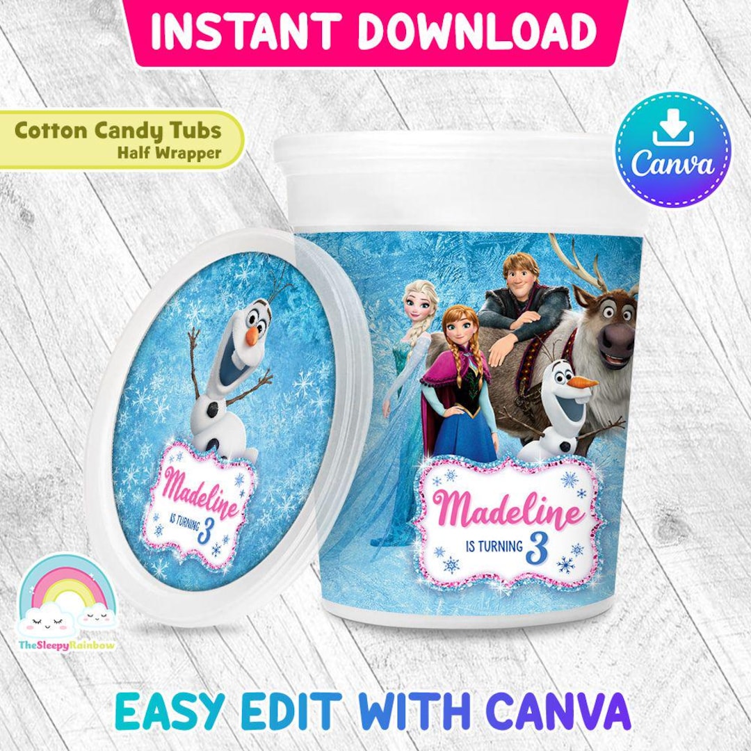Frozen Birthday Party Cotton Candy Tub Wrapper Label Elsa Anna Olaf ...