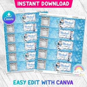 Olaf Frozen Birthday Party Bottle Label Olaf Water Bottle Wrapper Label ...