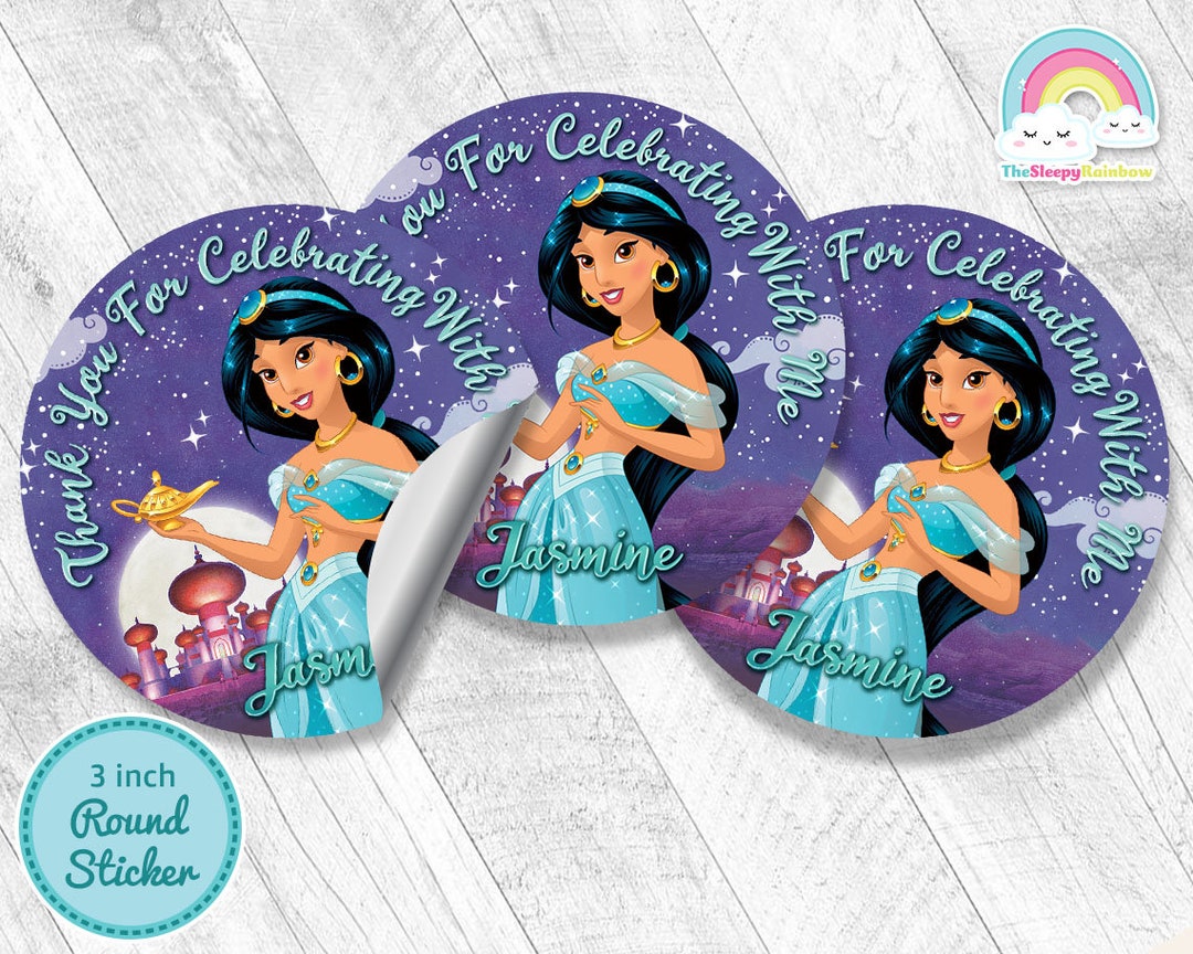 Princess Jasmine 3 Inch Round Sticker Birthday Party Favor Tags Aladdin ...