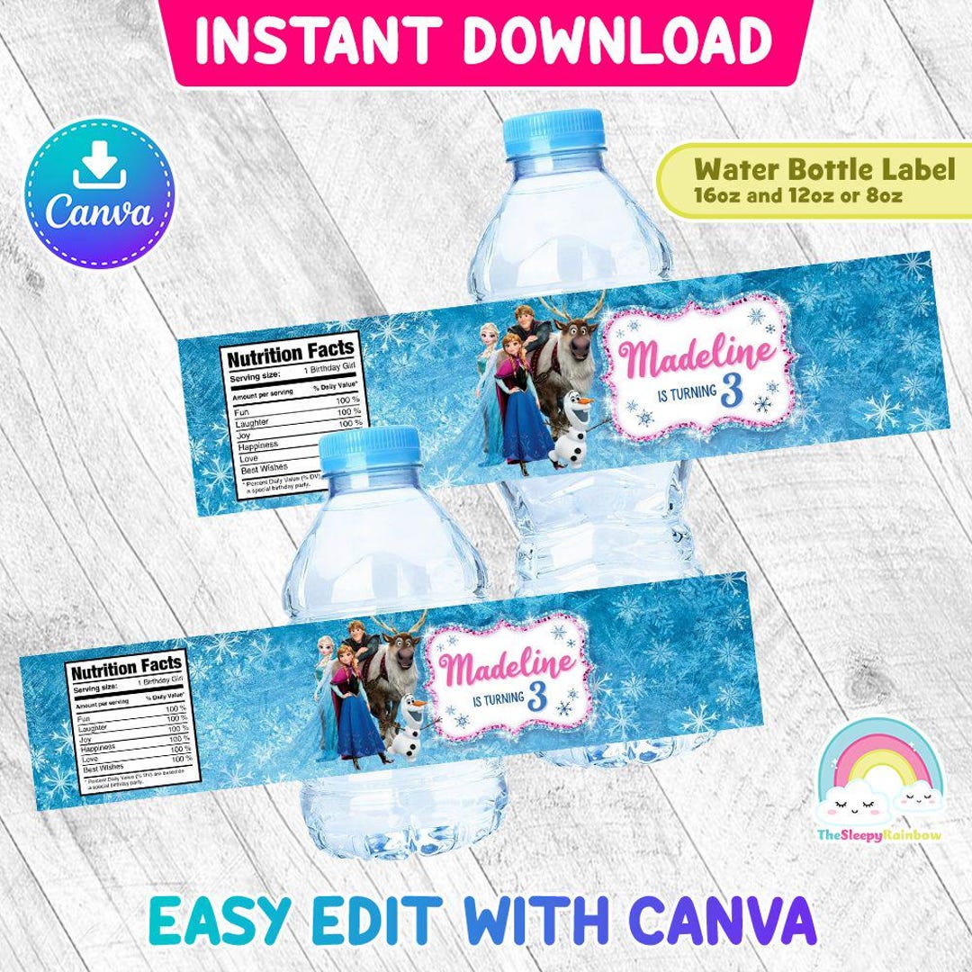 Frozen Birthday Party Bottle Label Elsa Anna Sven Kristoff Olaf Water ...