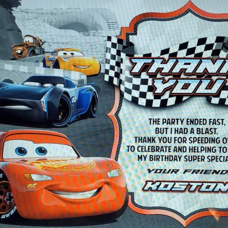 Cars Birthday Thank You Card Race Car Lightning Mcqueen Birthday Thank ...