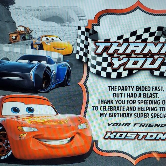 Cars Birthday Thank You Card Race Car Lightning Mcqueen Birthday Thank ...