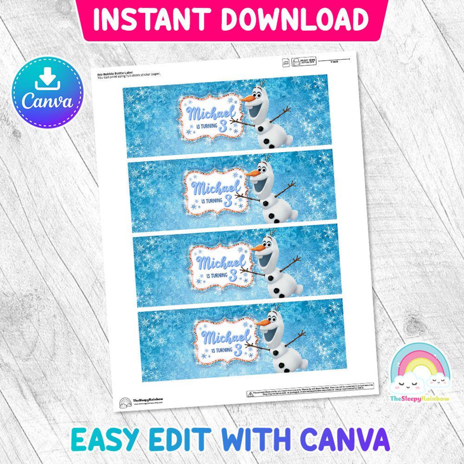Olaf Birthday Party 4 Oz Bubble Bottle Label Frozen Olaf Standard ...