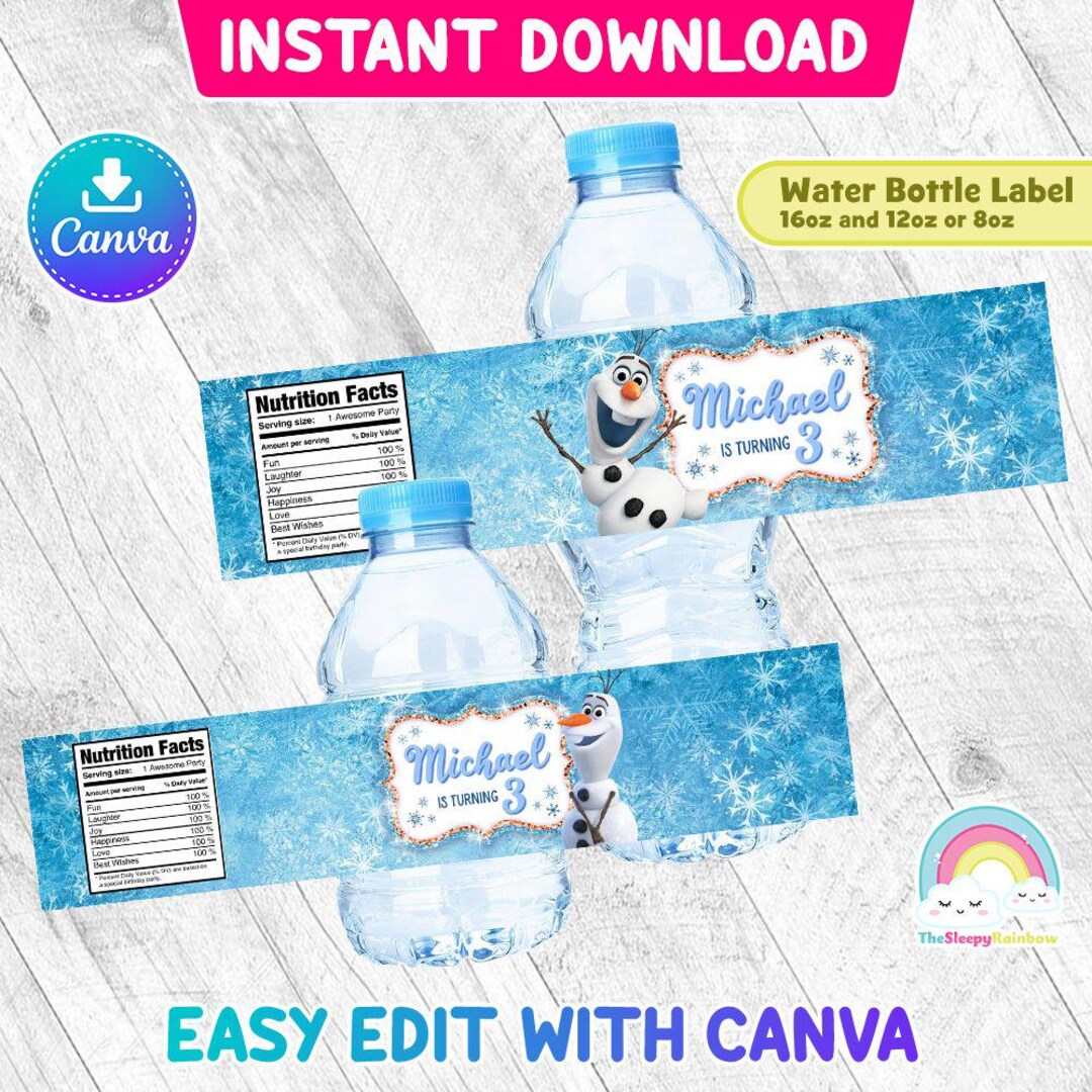 Olaf Frozen Birthday Party Bottle Label Olaf Water Bottle Wrapper Label ...