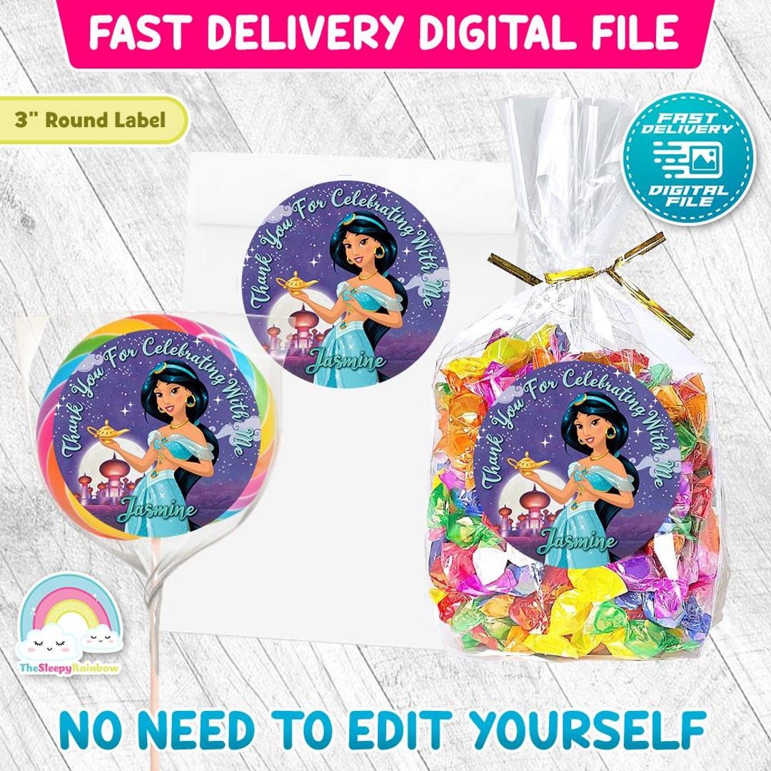 Princess Jasmine 3 Inch Round Sticker Aladdin Jasmine Birthday Favor ...