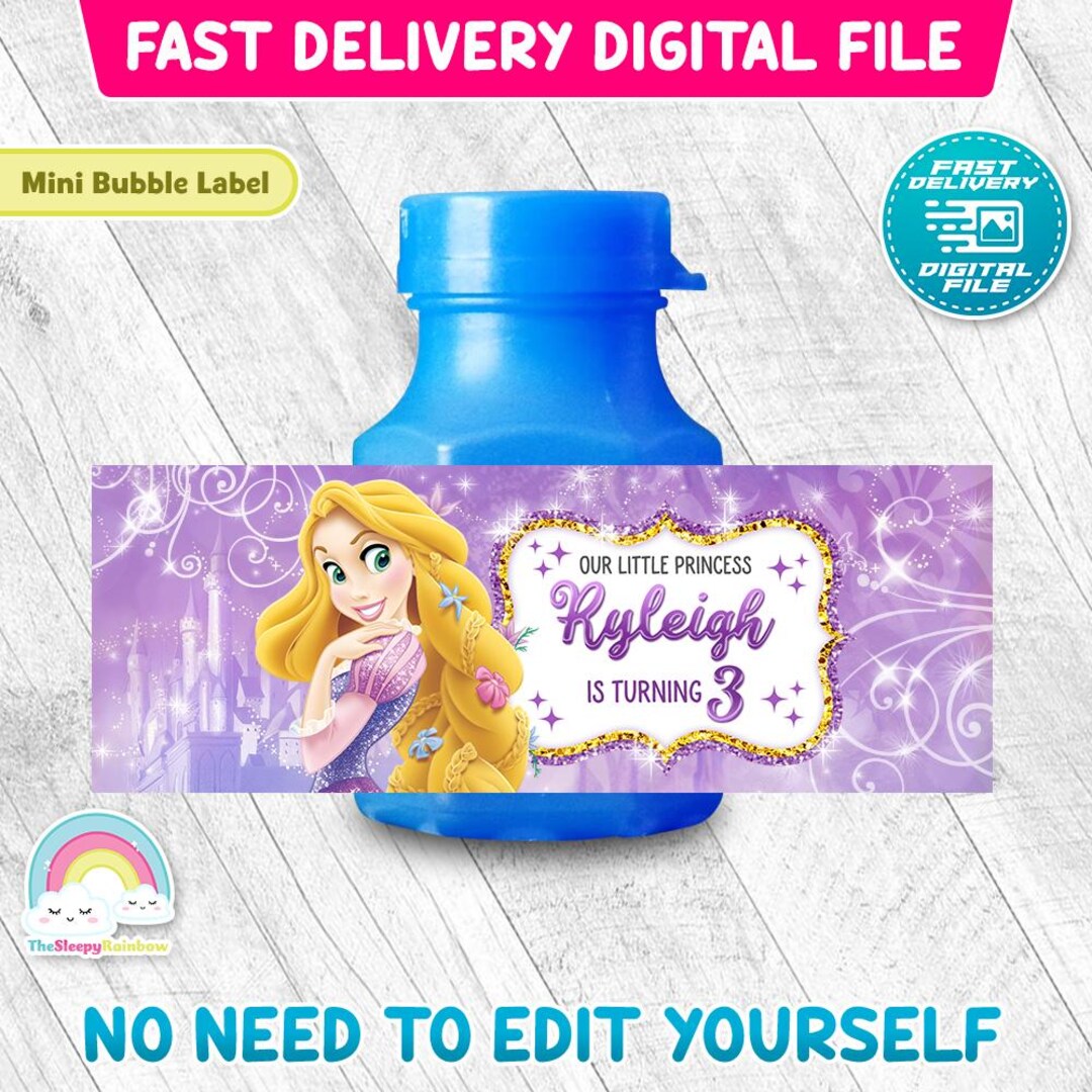 Princess Rapunzel Birthday Party Mini Bubble Bottle Label Tangled Mini ...
