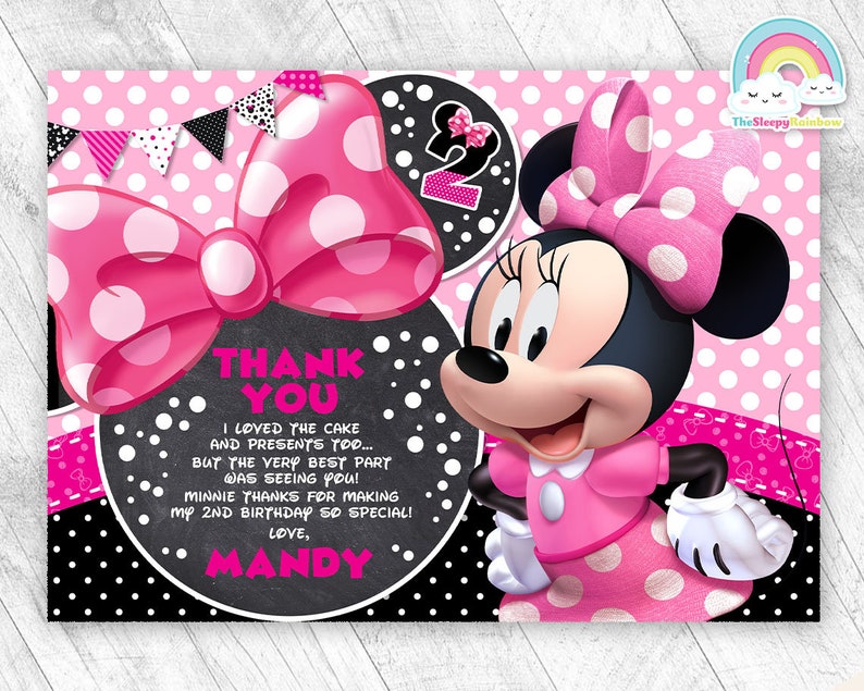 Minnie Mouse Birthday Thank You Card Minnie Pink Bowtique - Etsy