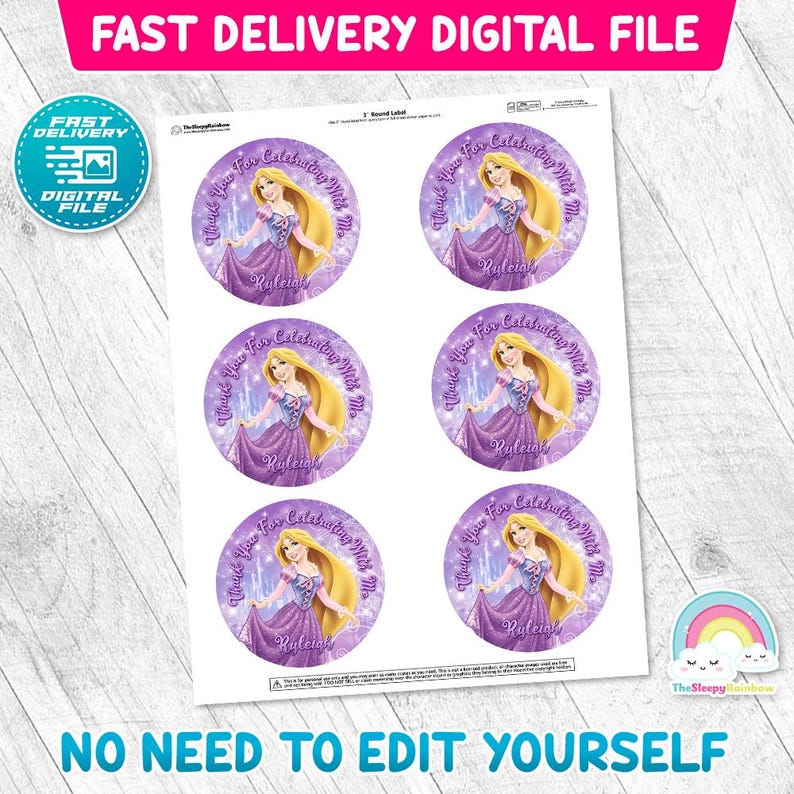 Princess Rapunzel 3 Inch Round Sticker Tangled Birthday Favor Lollipop ...