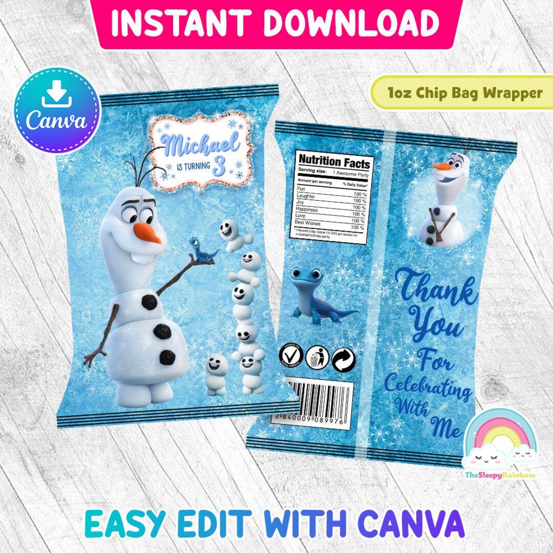 Frozen Olaf Birthday Party Chip Bags Wrapper Label Olaf Snack Bag ...