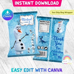 Frozen Olaf Birthday Party Chip Bags Wrapper Label Olaf Snack Bag ...