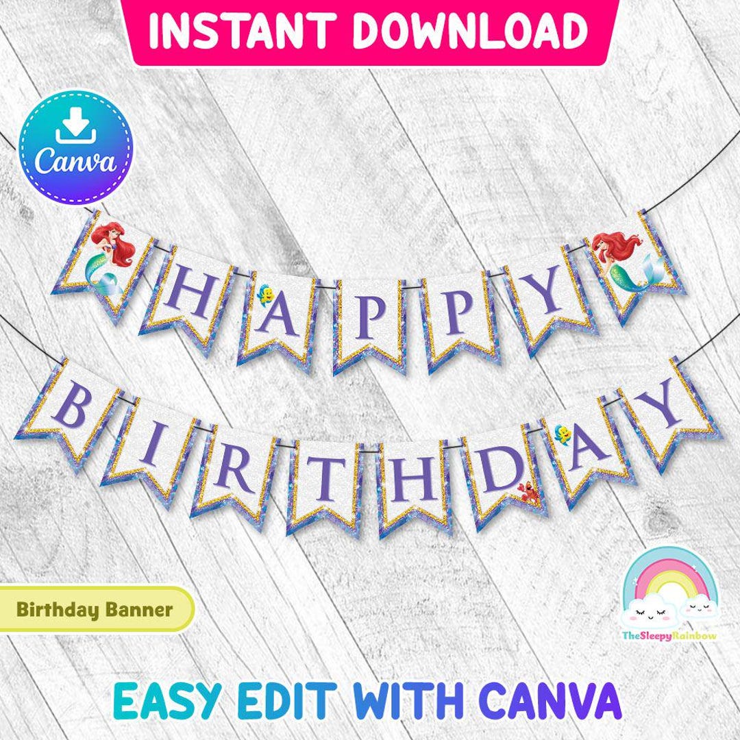 Little Mermaid Happy Birthday Banner Garland Ariel Mermaid Birthday ...