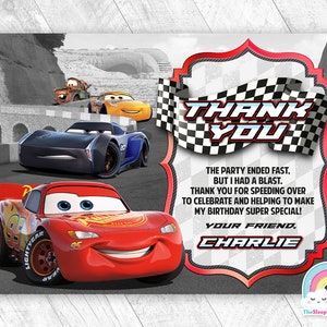 Cars Birthday Thank You Card Race Car Lightning Mcqueen Birthday Thank ...