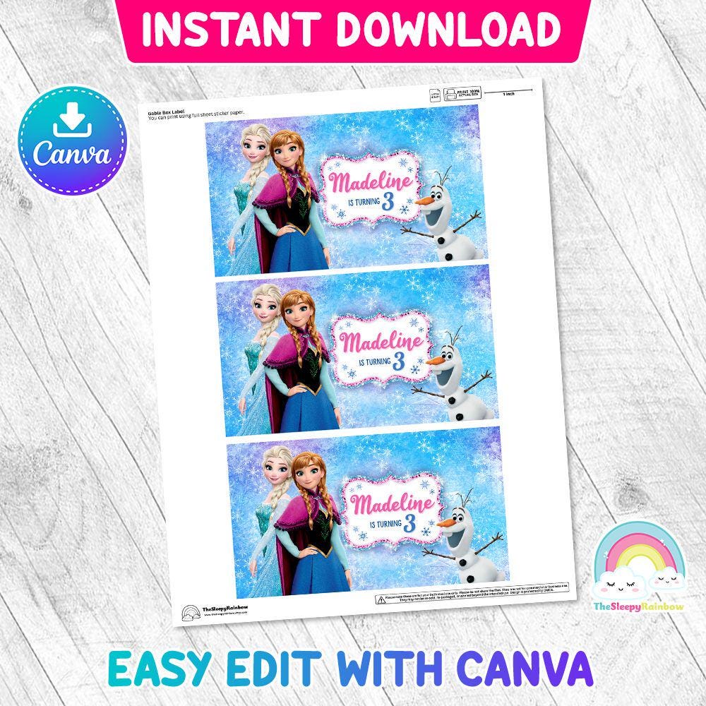 Elsa Anna Birthday Party Gable Box Label Frozen Treat Box Sticker ...