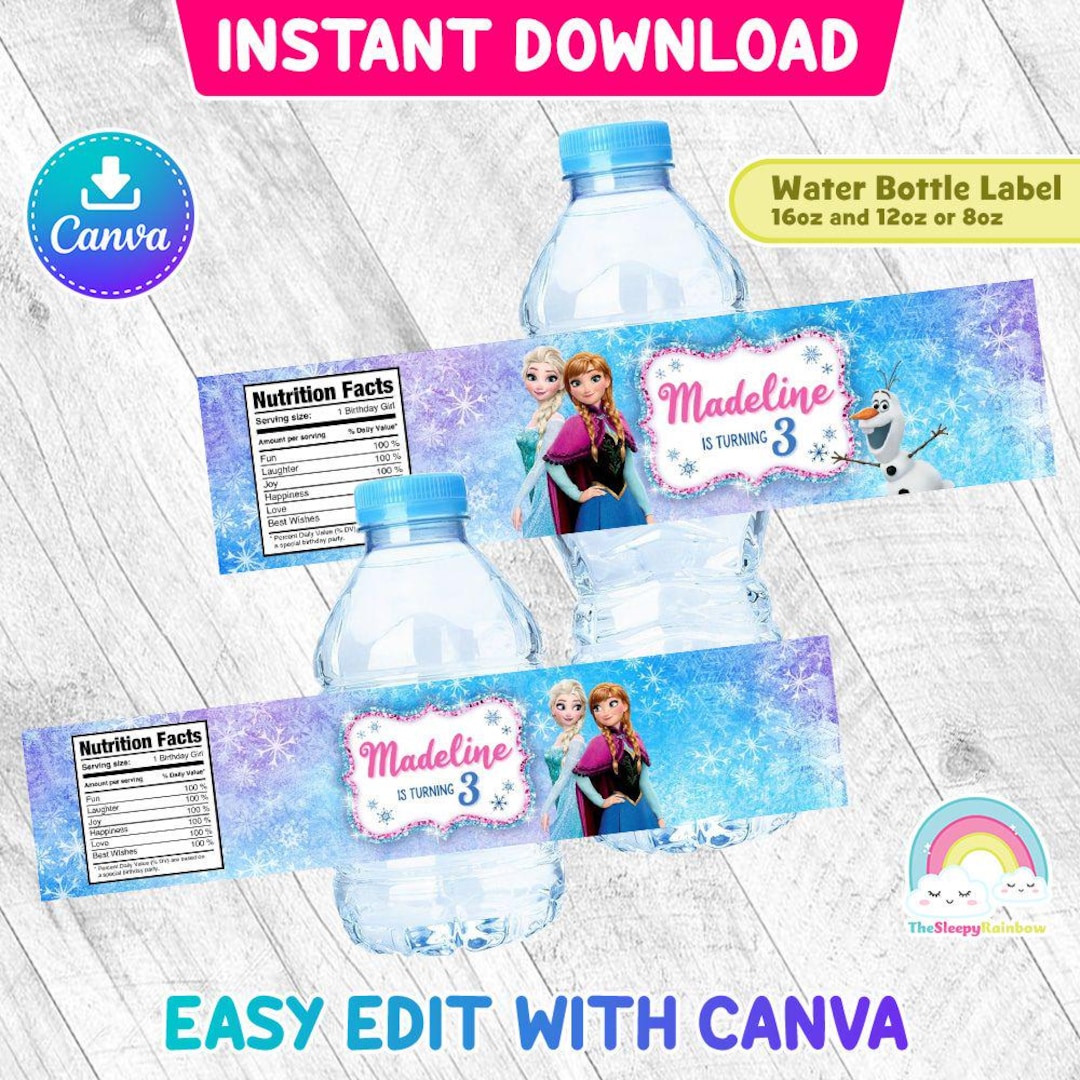 Frozen Birthday Party Bottle Label Elsa Anna Olaf Water Bottle Wrapper ...