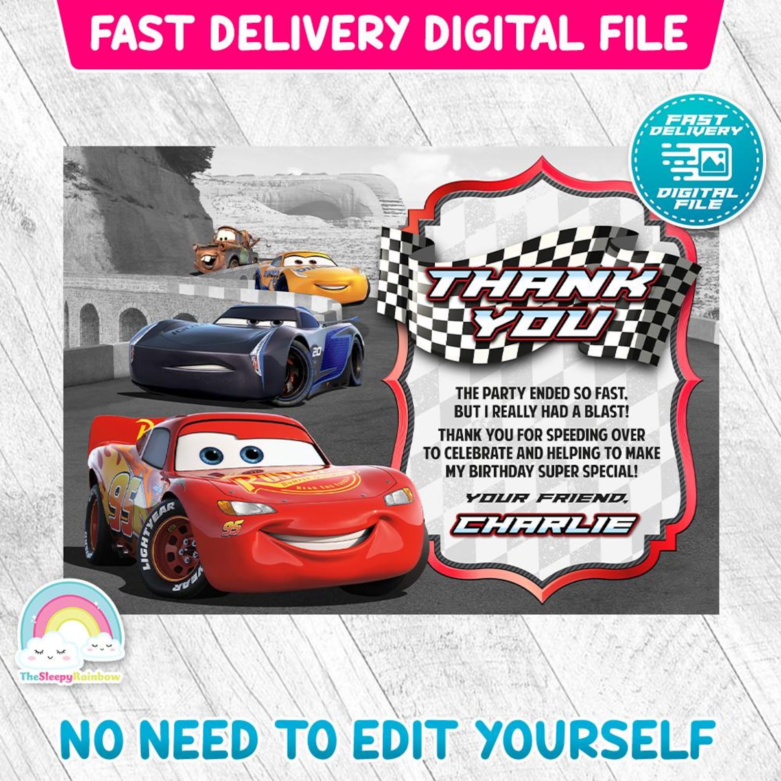 Cars Birthday Thank You Card Race Car Lightning Mcqueen Birthday Thank ...