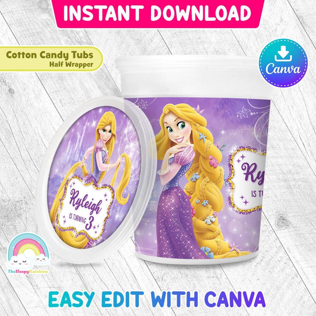 Tangled Birthday Party Cotton Candy Tub Wrapper Label Rapunzel 2 Oz ...