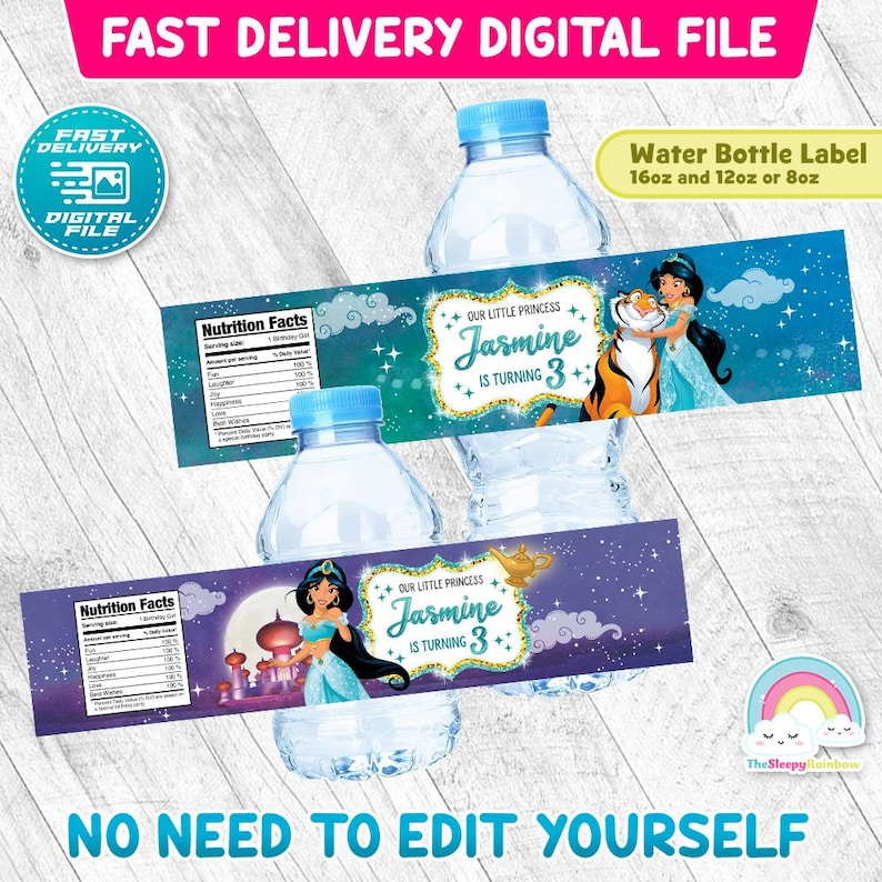 Princess Jasmine Birthday Party Bottle Label Aladdin Jasmine Water ...