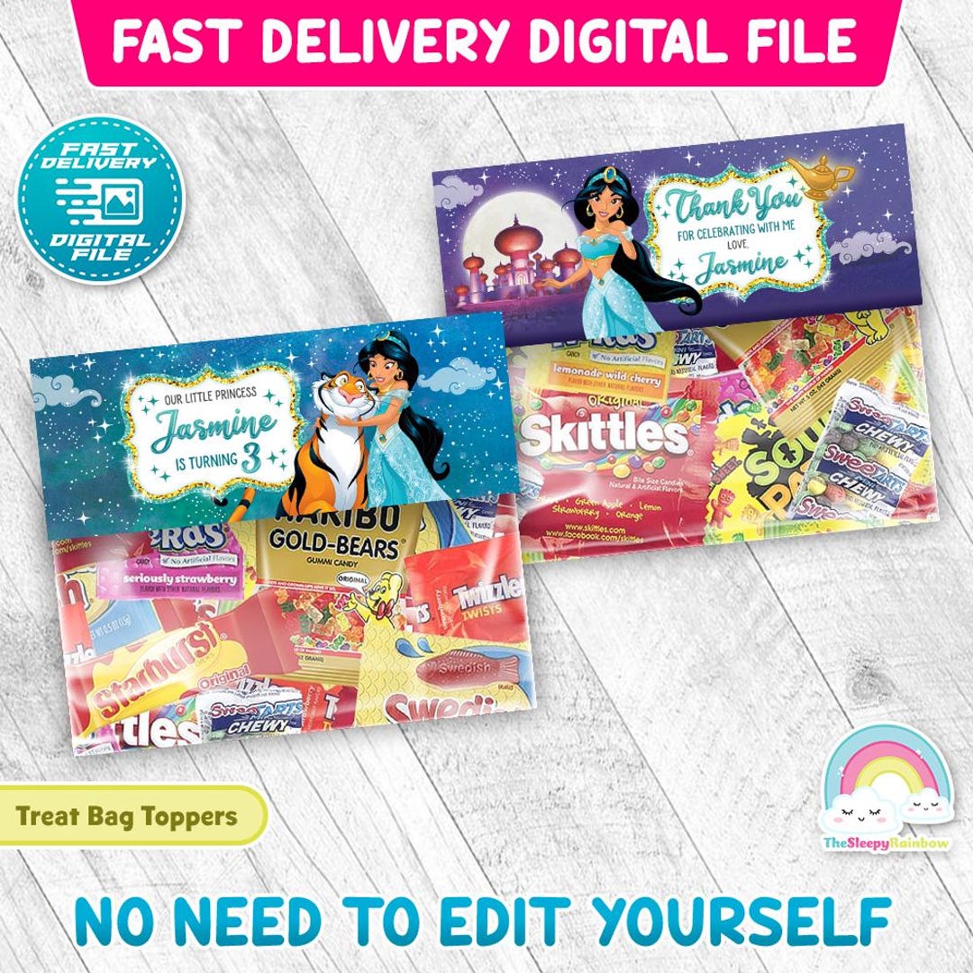 Princess Jasmine Birthday Party Treats Bag Label Aladdin Favor Plastic ...