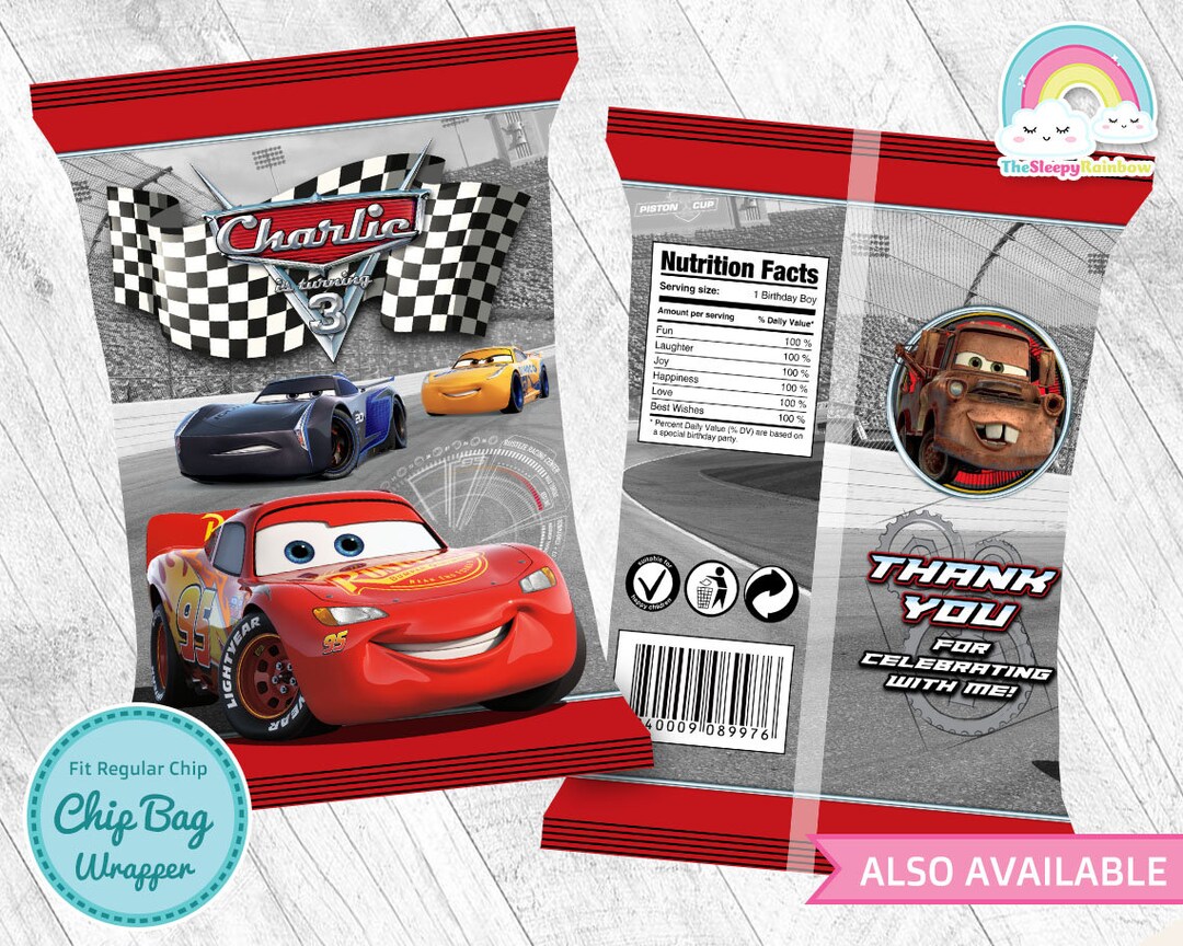 Cars Birthday Party Chip Bags Wrapper Label Race Car Lightning Mcqueen ...