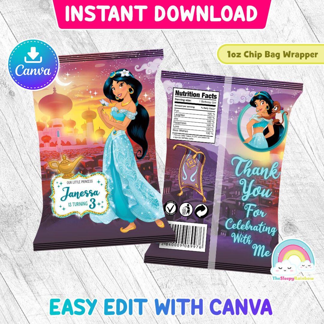 Princess Jasmine Birthday Party Chip Bags Wrapper Label Aladdin Snack ...