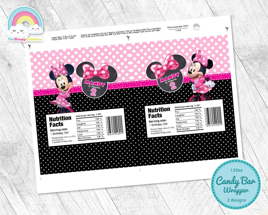 Minnie Mouse Pink Bow Birthday Party Candy Bar Wrapper Minnie | Etsy