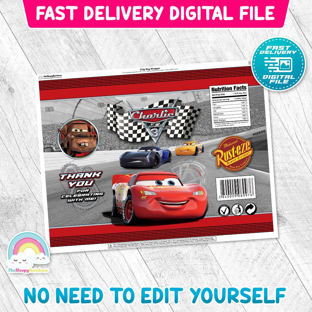 Cars Birthday Party Chip Bags Wrapper Label Race Car Lightning Mcqueen ...