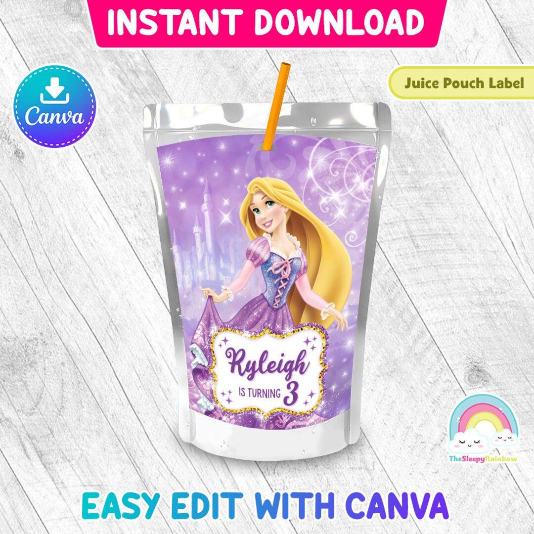 Rapunzel Birthday Party Juice Pouch Label Tangled Birthday Juice Label ...