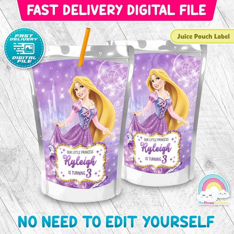 Rapunzel Birthday Party Juice Pouch Label Tangled Birthday Juice Label ...
