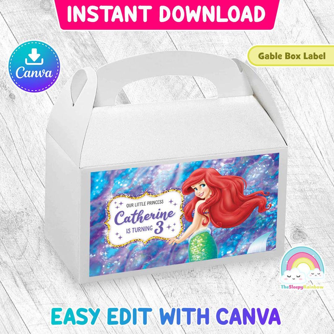 Little Mermaid Birthday Party Gable Box Label Ariel Treat Box Sticker ...