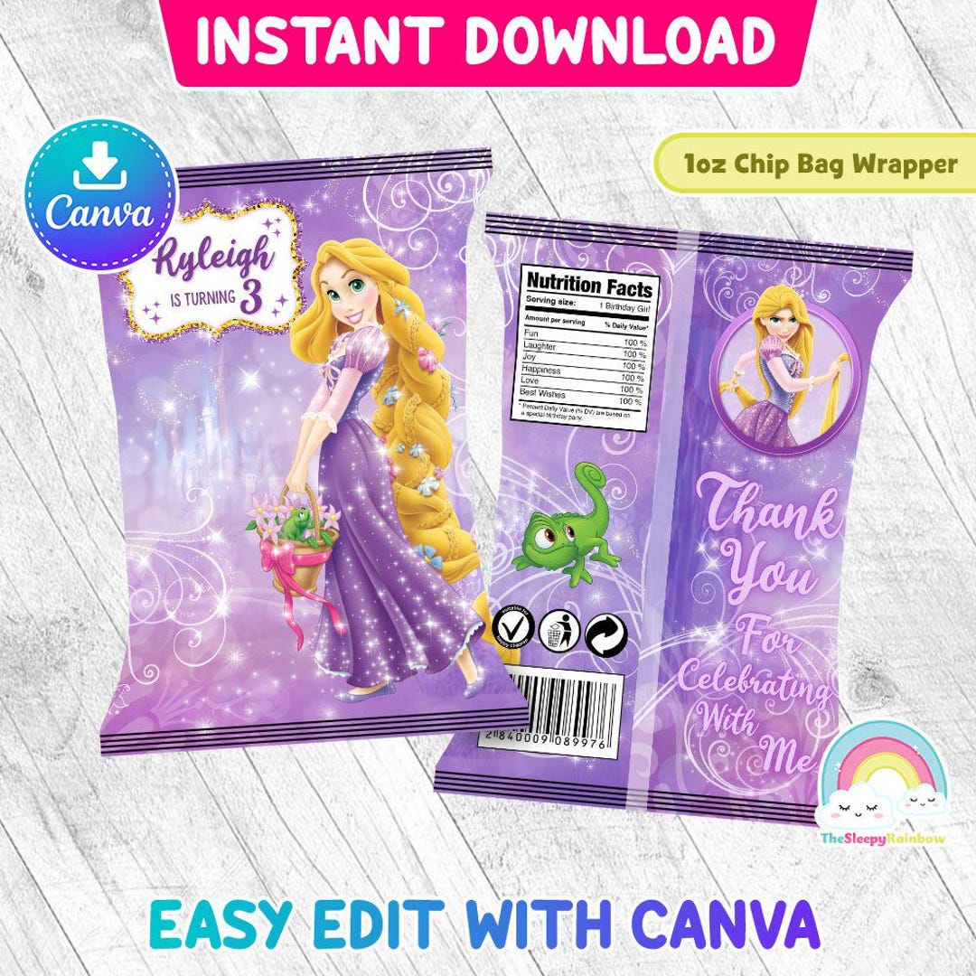 Princess Rapunzel Birthday Party Chip Bags Wrapper Label Tangled ...