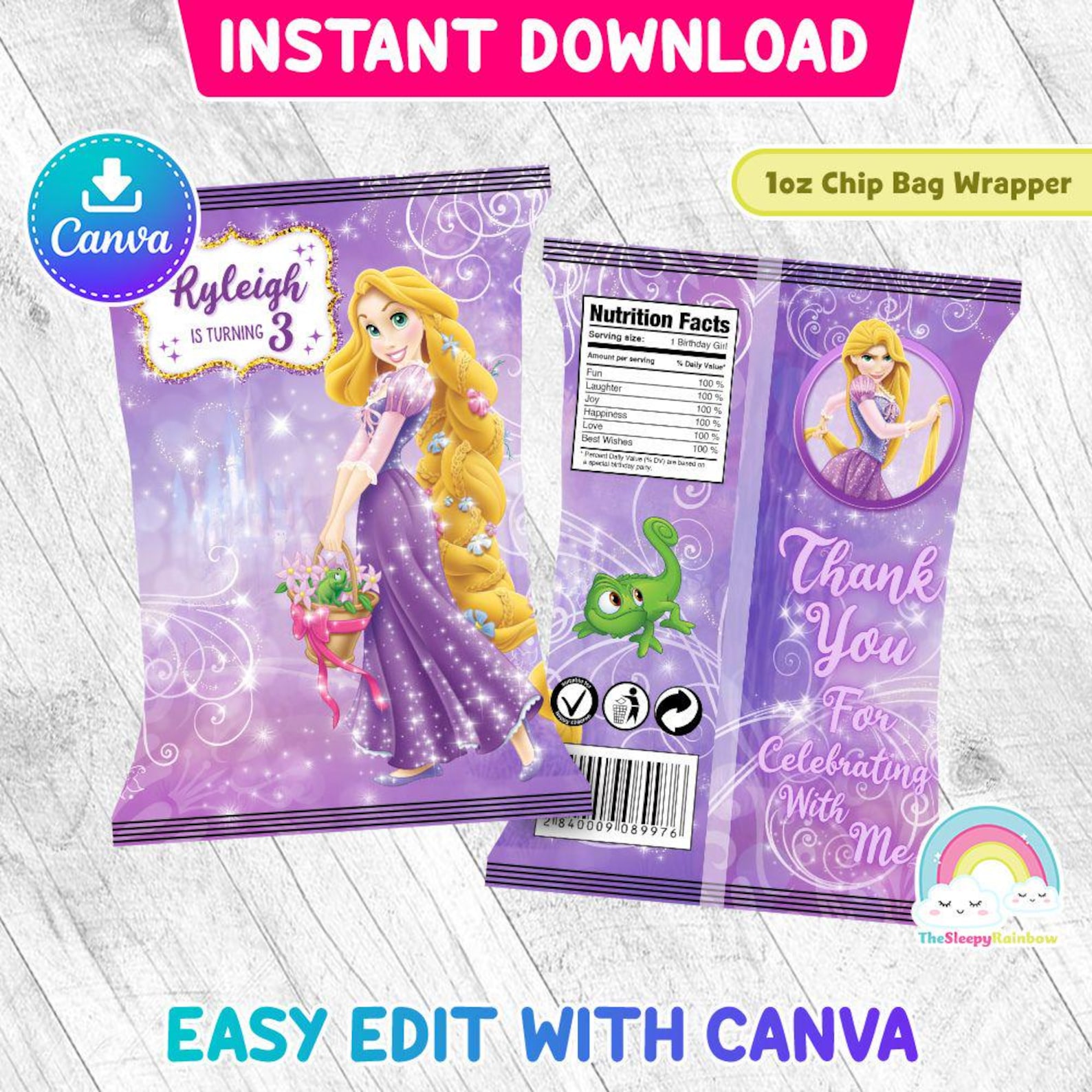 Princess Rapunzel Birthday Party Chip Bags Wrapper Label Tangled ...