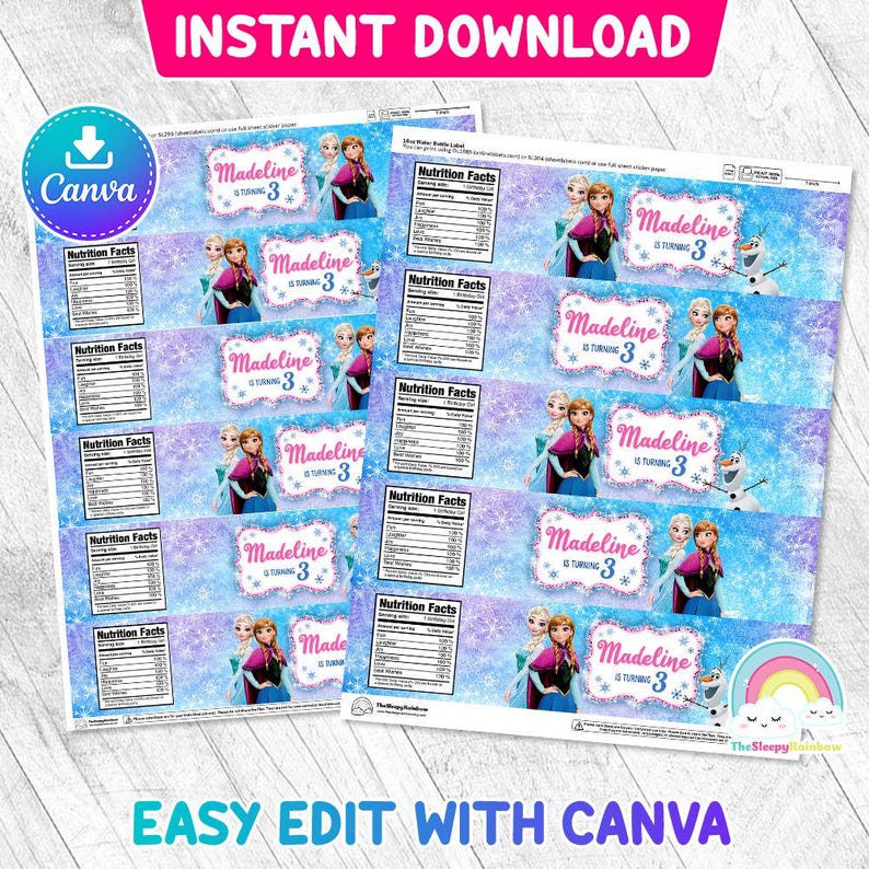 Frozen Birthday Party Bottle Label Elsa Anna Olaf Water Bottle Wrapper ...