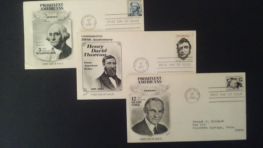 First Day Issue, Stamps and Cache, Henry Ford, Henry David Thoreau ...