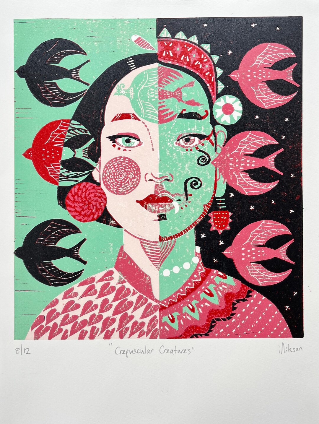 Crepuscular Creatures - Lino Print Hand Made and Designed, Folk Art ...