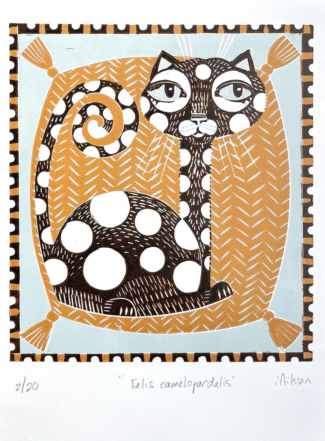 Long Neck Cat Giraffe Linocut Print: Hand Carved and Printed, Linoleum ...