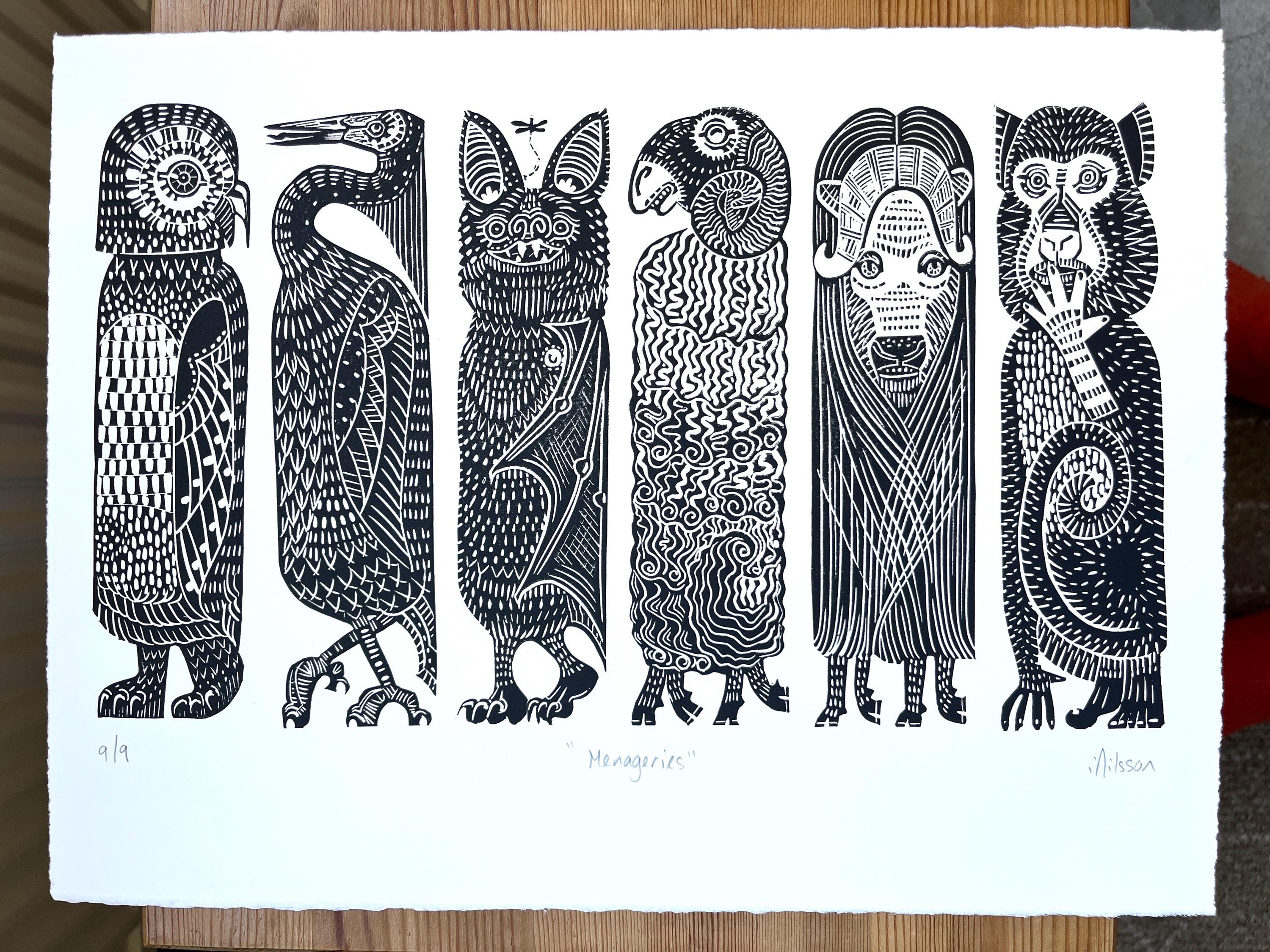 Hand Carved Linoleum Block Print: Menagerie Relief Art - Etsy