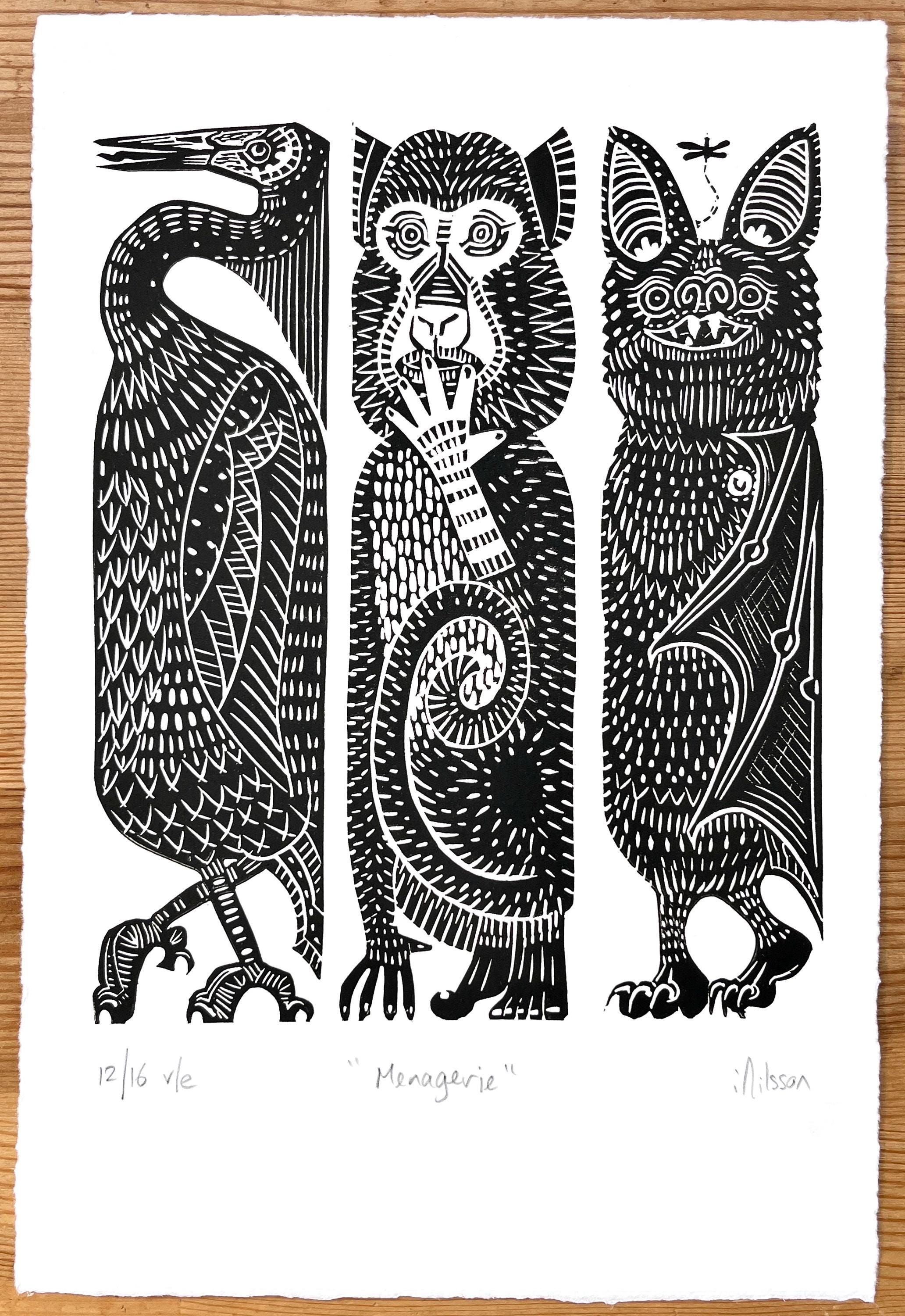 Hand Carved Linoleum Block Print: Menagerie Relief Art (A4 Black) - Etsy