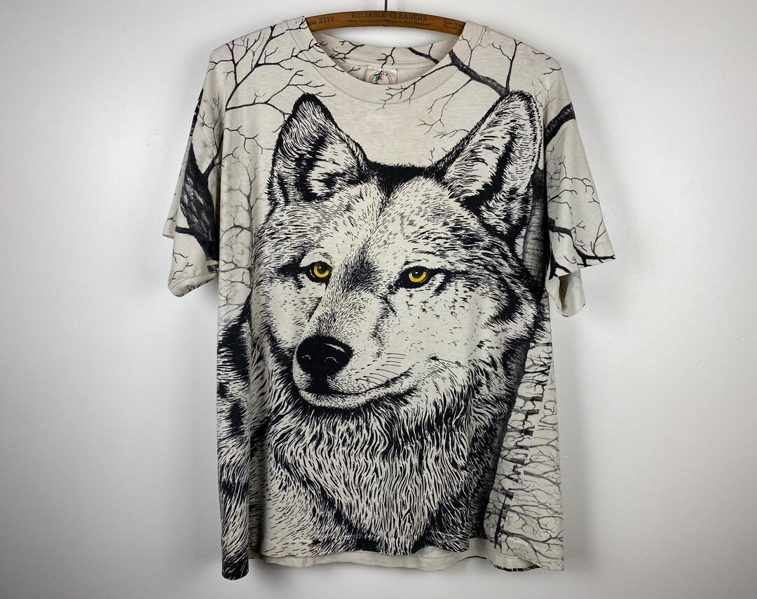 90s Wolf Graphic T-shirt: Vintage All Over Print, Size L - Etsy