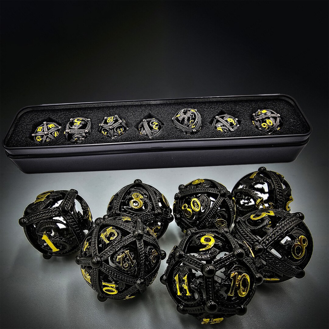 Metal Hollow Core Black & Gold Orb DND Dice Set Dragon Drake Wyrm Round ...